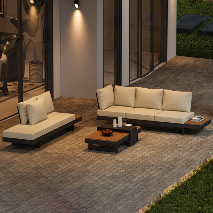 Japandi L-Shape Teak Sectional Sofa Set With Wood Coffee Table