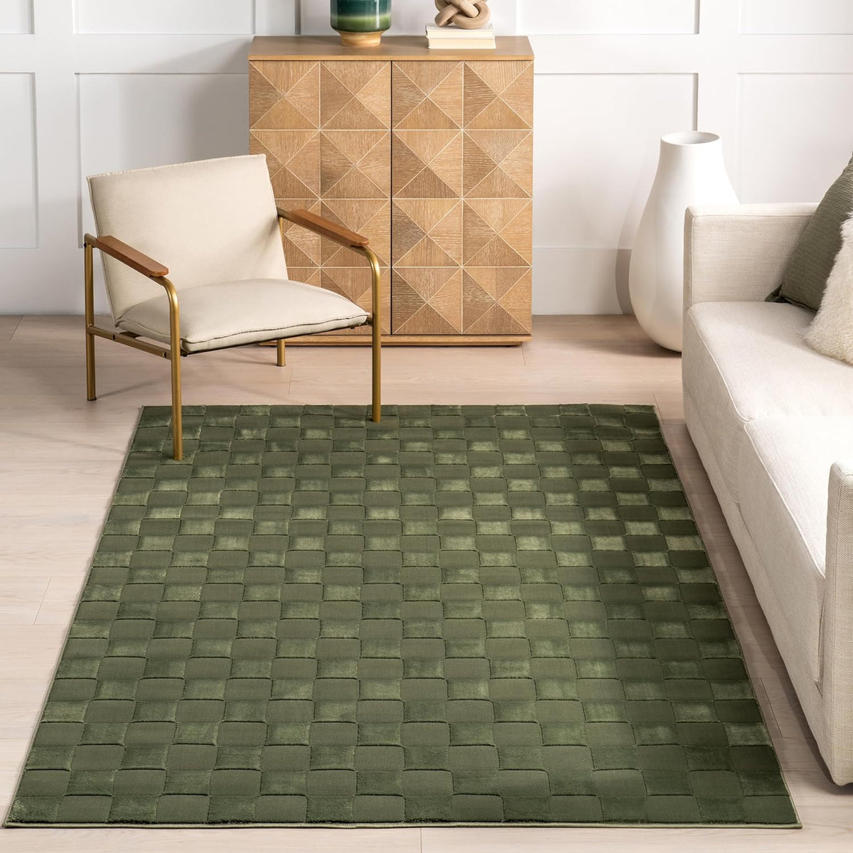 Japandi Green Checkered Rug