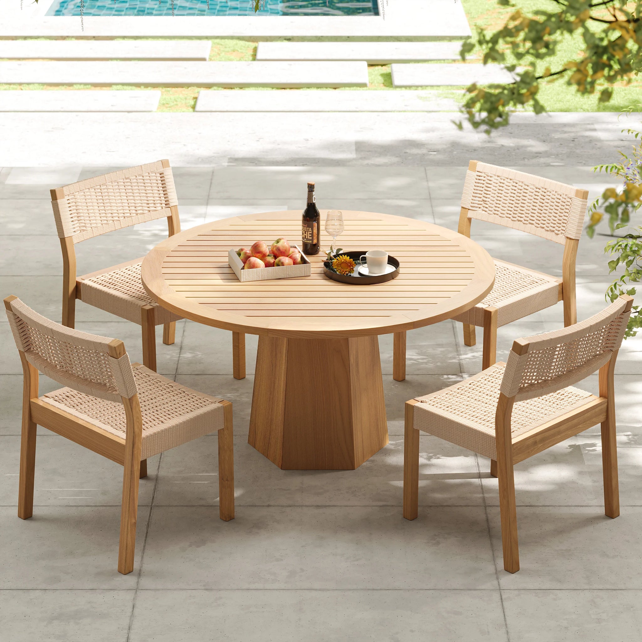 Japandi 5-Piece Teak Dining Set With Rope Woven Chairs